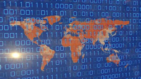 Animation Of Looping Binary Codes Over Lens Flares And Map Against Abstract Background Stock