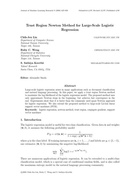 Trust Region Newton Method For Large Scale Logistic Regression Pdf
