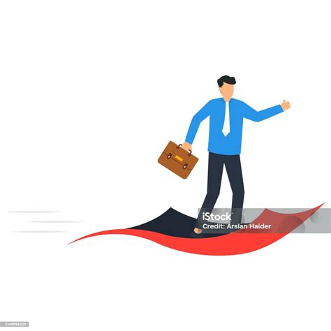 성취와 사업 성공 개념으로 마법의 양탄자를 날고 있는 자신감 있는 사업가 경영자에 대한 스톡 벡터 아트 및 기타 이미지