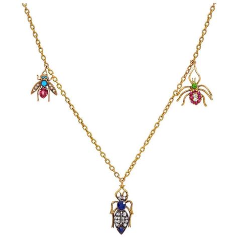 Bug Multi Gem Gold Vintage Charm Necklace For Sale At 1stdibs