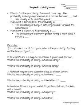 Simple Probability Notes And Practice Activity By Virginia Specialist