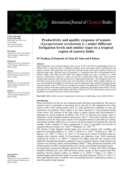 Pdf Productivity And Quality Response Of Tomato Lycopersicum Esculentum L Under Different