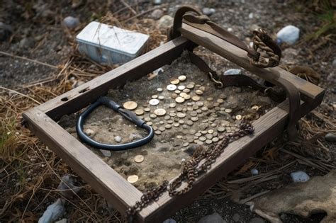 Premium Ai Image Metal Detector Frame With Treasure And Coins Discovered In The Field Created