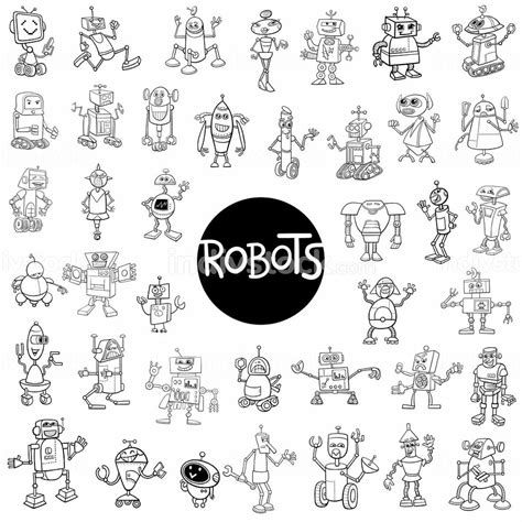 black and white cartoon illustration of robots fantasy characters huge vector graphic image