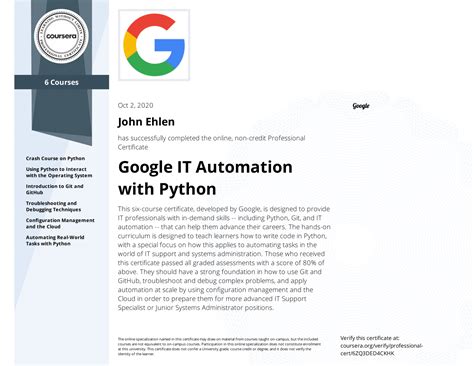 Google IT Automation With Python Professional Certificate John Ehlen