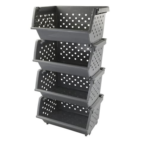 Dynkona 4 Pack Kitchen Stacking Storage Bins Plastic Stackable Storage Baskets Grey