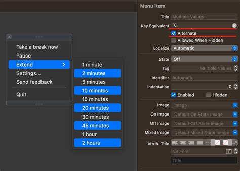 showing and hiding alternate menu items in swift on macos