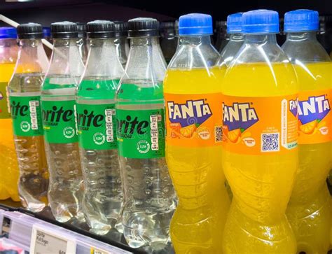 Assorted Soft Drinks On Store Shelf With Sprite And Fanta Bottles Editorial Photography