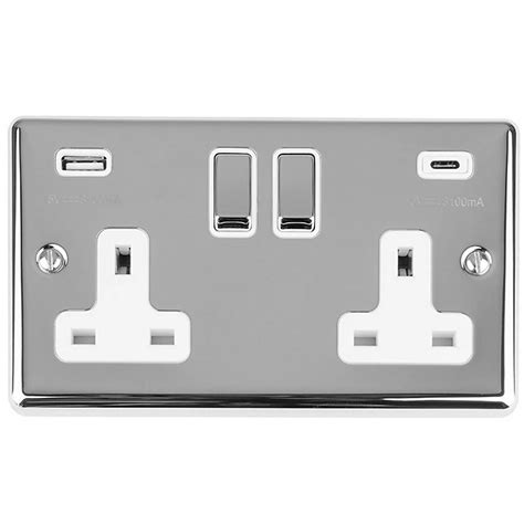 2 Gang Switched Socket With 2x Usb 1x Type A And 1x Type C Polished Chrome Enhance Range White 2 Gang Switched Socket With 2x Usb 1x Type A And 1x Type C Polished Chrome Enhance Range White