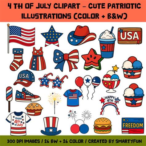 4th Of July Clipart Cute Patriotic Illustrations Color Bandw By