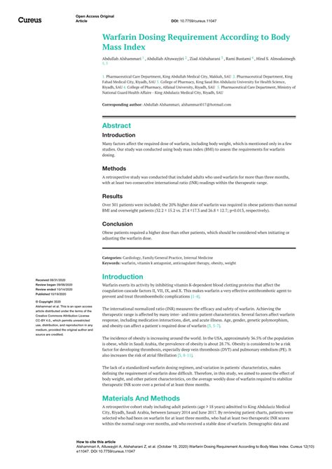 Pdf Warfarin Dosing Requirement According To Body Mass Index