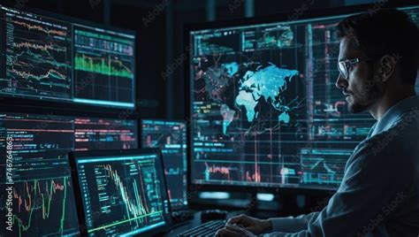 Programming Coding And Man With Focus Hologram And Trading With Cyber Security Futuristic And