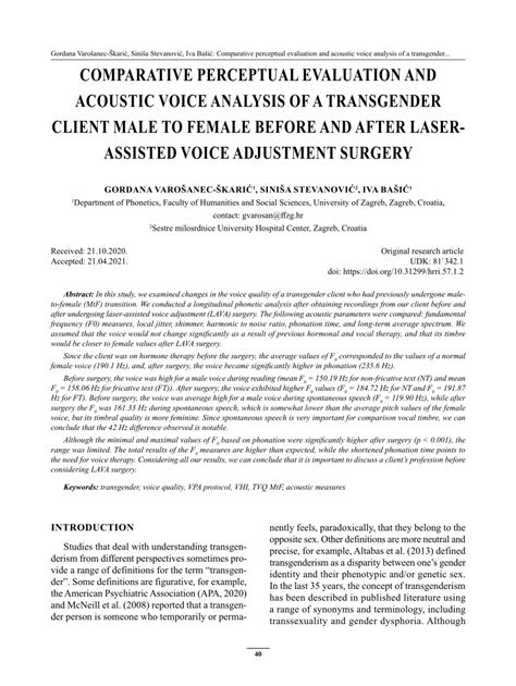 Pdf Comparative Perceptual Evaluation And Acoustic Voice Analysis Of A Transgender Client Male