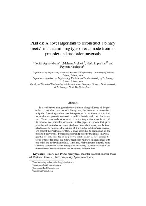 Pdf Prepos A Novel Algorithm To Reconstruct A Binary Trees And