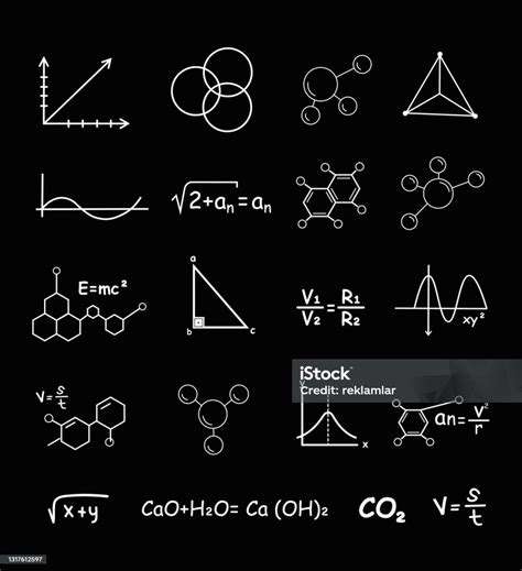 科學符號和公式向量圖形隔離在黑色背景上數學概念化學符號收集為學校大學和培訓為資訊圖web 和移動應用程式設置的平線向量圖示向量圖形及更多分子