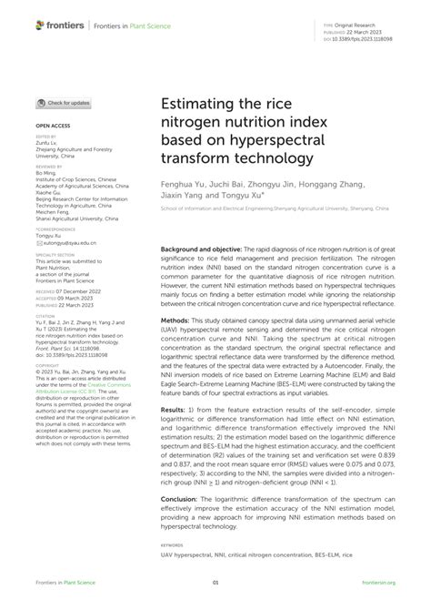 Pdf Estimating The Rice Nitrogen Nutrition Index Based On Hyperspectral Transform Technology