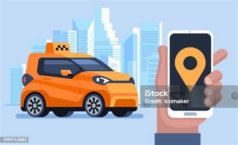 택시 배너 온라인 모바일 응용 프로그램 주문 택시 서비스 남자는 스마트 폰으로 택시를 호출합니다 Brand Name Smart Phone에 대한 스톡 벡터 아트 및 기타