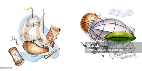 범선의 구성 흰색으로 분리된 항공기 수채화 그림 모래 시계 망원경 보트 항공 운송 손으로 그렸습니다 유치한 디자인 소년 방 요소 인쇄 엽서 0명에 대한 스톡 벡터 아트 및