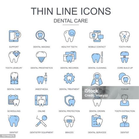 얇은 선 치과 치료 치과 장비 아이콘 웹사이트 및 모바일 사이트와 애플 리 케이 션에 대 한 설정합니다 치과 의사 치아 교정기로 같은 아이콘을 포함 되어 있습니다 평면 벡터