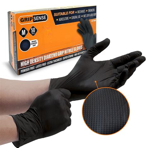 Gripsense Nitrile Gloves Pack Of 50 High Density Diamond Grip Black