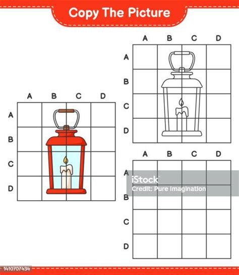 그림을 복사하고 격자선을 사용하여 등불 사진을 복사하십시오 교육 어린이 게임 인쇄 가능한 워크 시트 벡터 일러스트 레이 션 0명에 대한 스톡 벡터 아트 및 기타 이미지