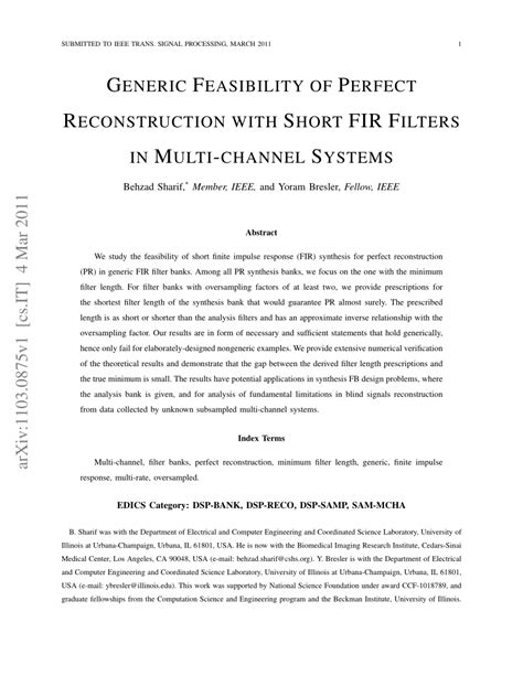 Pdf Generic Feasibility Of Perfect Reconstruction With Short Fir