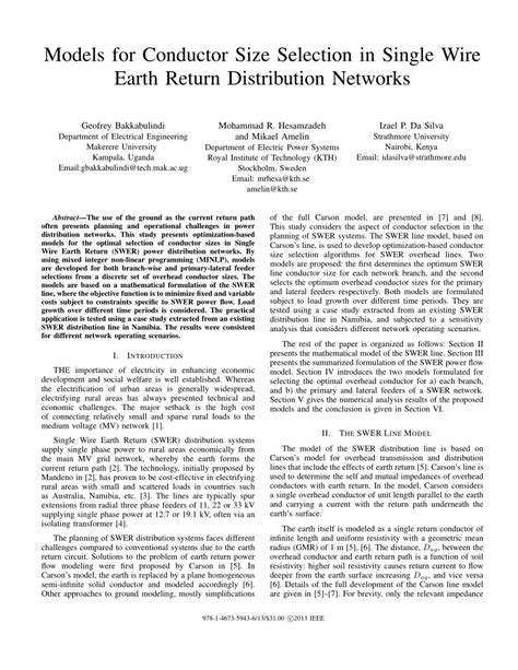 Pdf Models For Conductor Size Selection In Single Wire Earth Return Distribution Networks