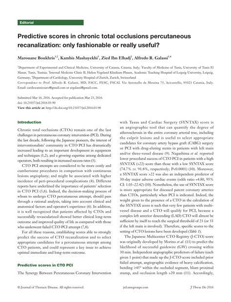 Pdf Predictive Scores In Chronic Total Occlusions Percutaneous Recanalization Only