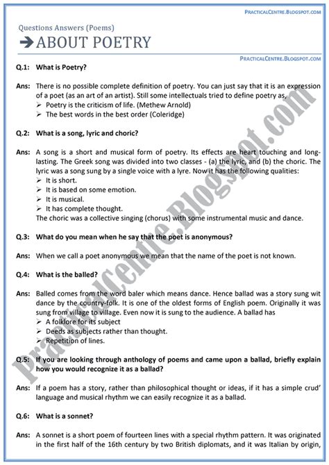 Practical Centre About Poetry Poem Questions Answers English XI