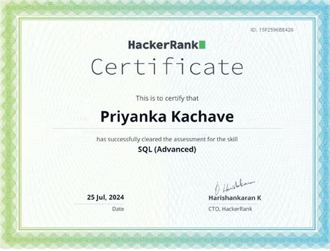 Priyanka Kachave On Linkedin Certification Sql Hackerrank Learning