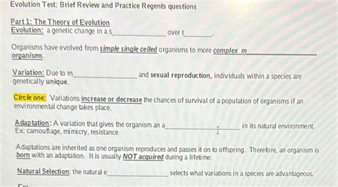 Solved Evolution Test Brief Review And Practice Regents Questions