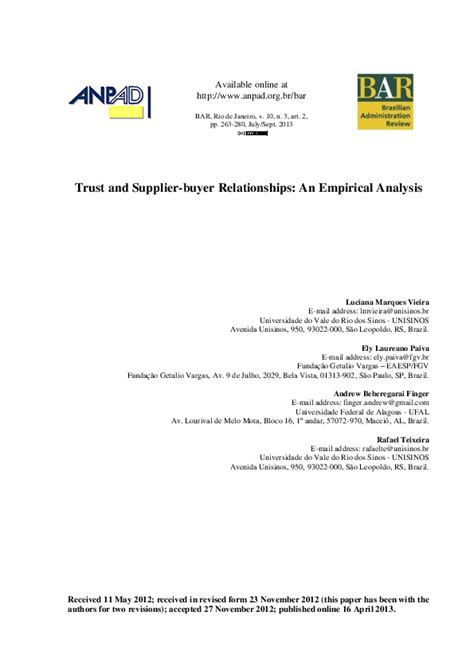 Pdf Trust And Supplier Buyer Relationships An Empirical Analysis