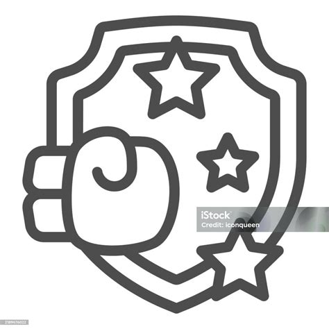 방패 라인 아이콘과 권투 글러브 해커 공격 개념 벡터 그래픽 타격 흰색 배경에 안전 엠블럼 표지판 모바일 또는 웹 디자인용 윤곽선 스타일 아이콘에 펀치