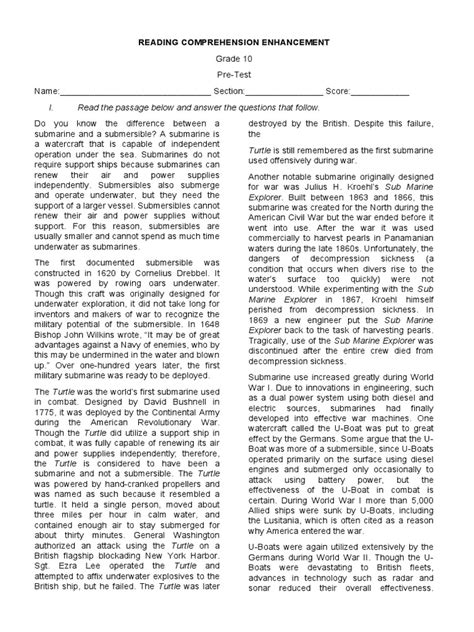 Pre Test Grade 10 Pdf Submarines U Boats