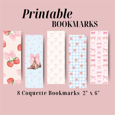 Set Of 8 Coquette Printable Bookmarks Cute Pastel Digital Download