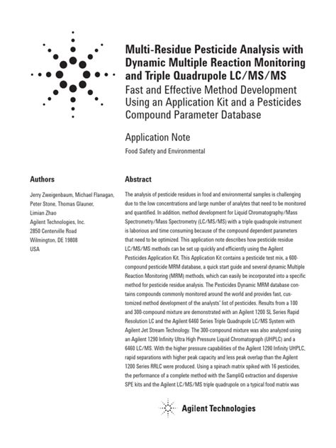 Agilent Multi Residue Pesticide Analysis With Dynamic Multiple Reaction Monitoring Triple