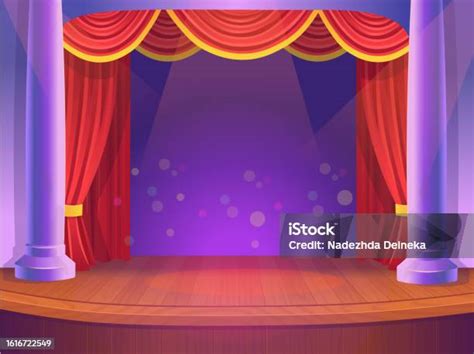 빨간색 열린 커튼과 보라색 기둥이 있는 극장 무대 벡터 템플릿 그림 0명에 대한 스톡 벡터 아트 및 기타 이미지 0명 Classical Concert