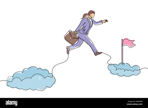 Single One Line Drawing Fearless Brave Businesswoman Make Risk By Jump