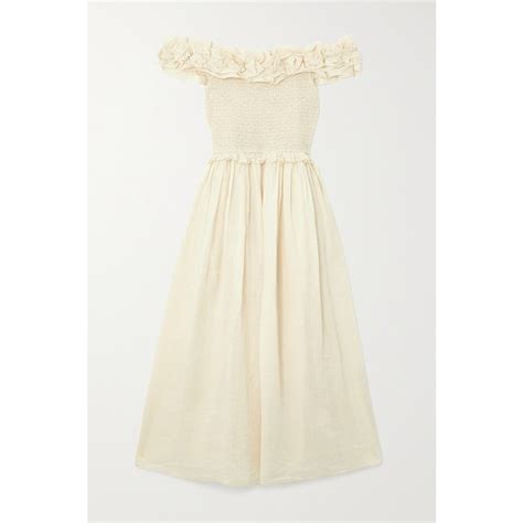 프리다 오프숄더 러플 셔링 라미 보일 미디 드레스 오프 화이트 믿고 사는 즐거움 Ssgcom