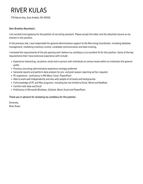 Recruiting Assistant Cover Letter Velvet Jobs