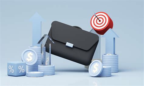 파란색 동전 백분율 블록 위쪽 화살표 및 빨간색 과녁으로 둘러싸인 검은색 서류 가방은 비즈니스 성장 재정적 성공 및 목표 달성을 상징합니다 3d 렌더링 3차원 형태에 대한