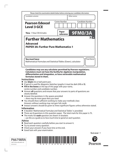 Pearson Edexcel GCE Question Booklet Mark Scheme Results November Further Mathematics