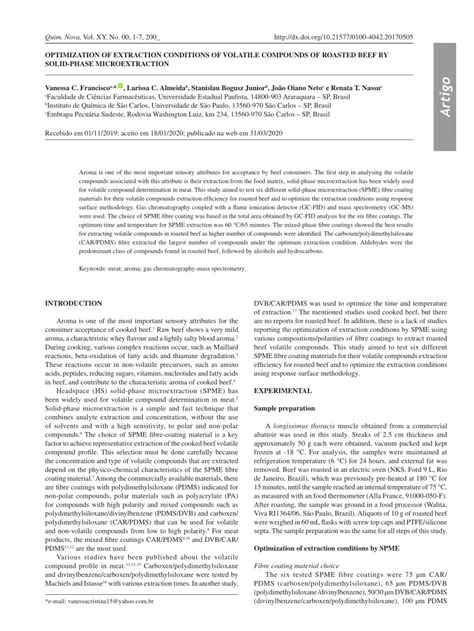 Pdf Optimization Of Extraction Conditions Of Volatile Compounds Of Roasted Beef By Solid Phase