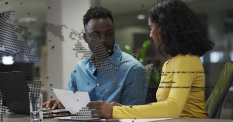 animation of world map and data processing over diverse business people