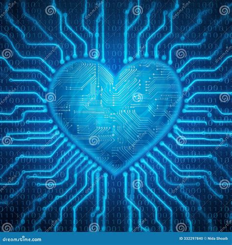 heart with blue circuitry patterns binary code backdrop symbolizing digital life stock