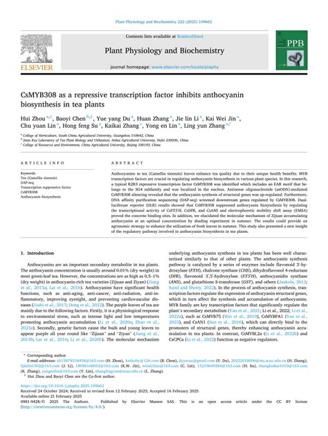 Pdf Csmyb308 As A Repressive Transcription Factor Inhibits Anthocyanin Biosynthesis In Tea Plant