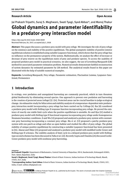 Pdf Global Dynamics And Parameter Identifiability In A Predator Prey