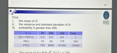 Find I The Mean Of X Ii The Variance And StudyX