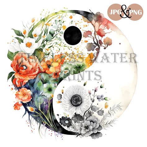 Floral Yin Yang Digital Print Instant Download Png  Watercolor
