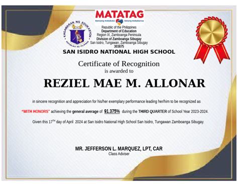 Matatag Certificate With Honors Pdf